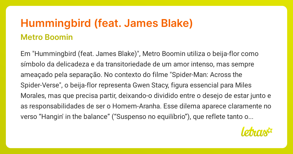 Significado da música Hummingbird (feat. James Blake) (Metro Boomin ...