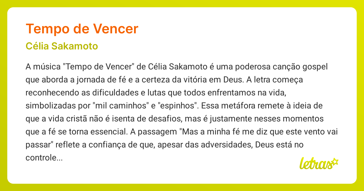 Significado da música TEMPO DE VENCER (Célia Sakamoto) - LETRAS.MUS.BR