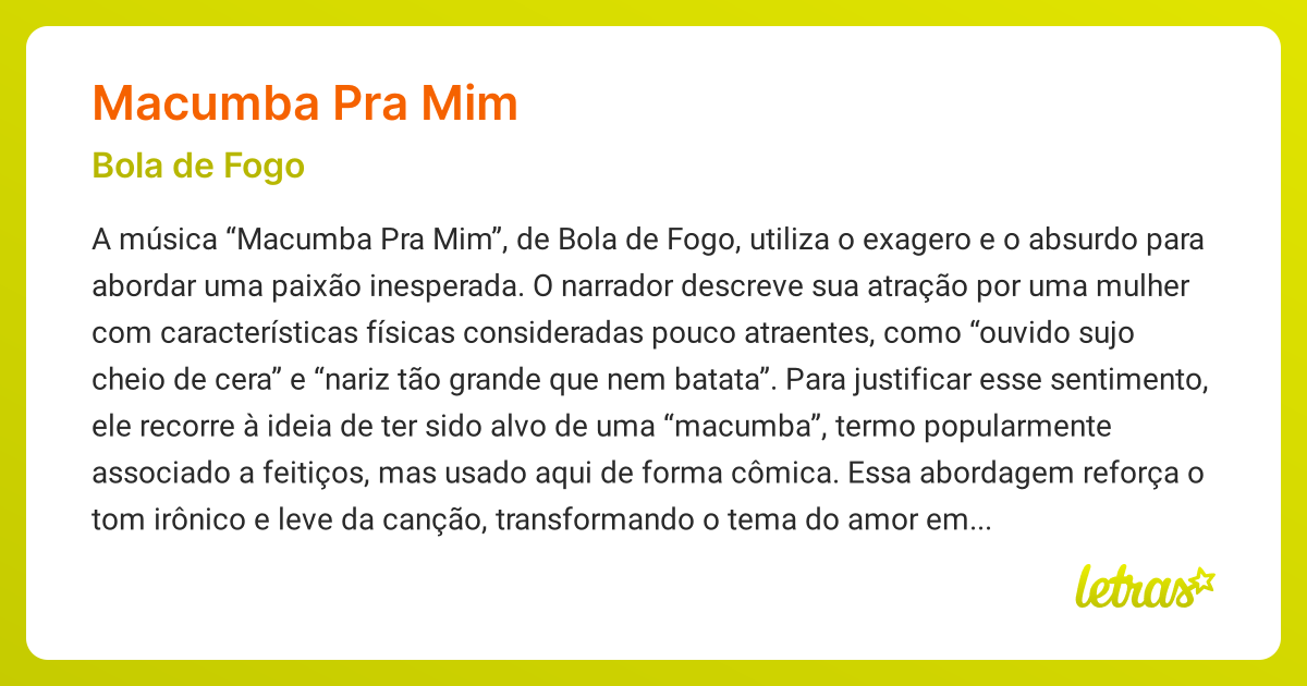 Significado da música MACUMBA PRA MIM (Bola de Fogo) - LETRAS.MUS.BR