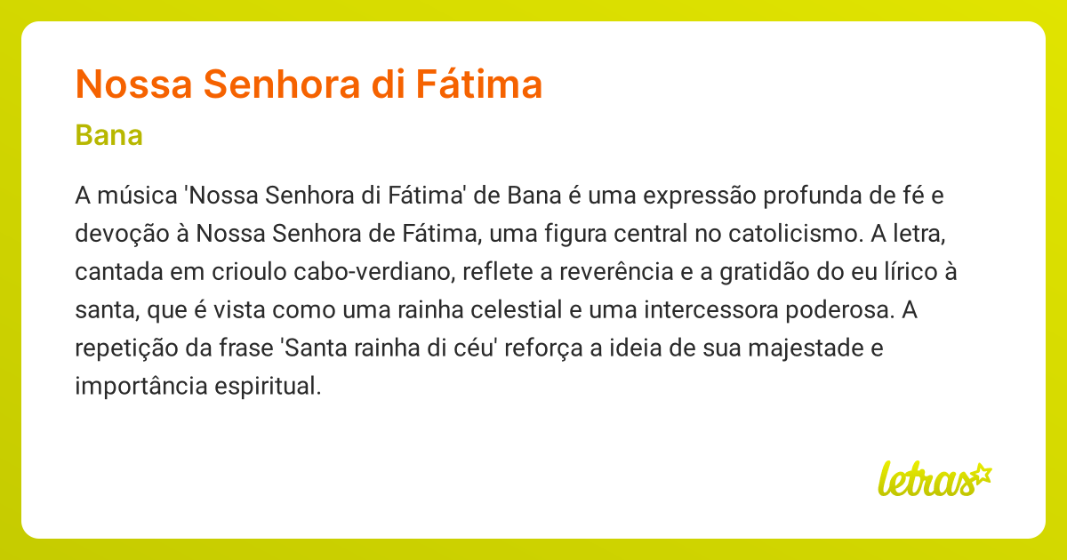Significado da música NOSSA SENHORA DI FÁTIMA (Bana) - LETRAS.MUS.BR