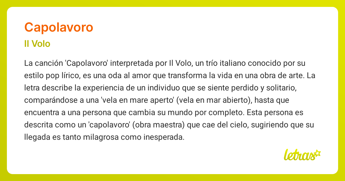 Significado de la canción CAPOLAVORO (Il Volo) - LETRAS.COM