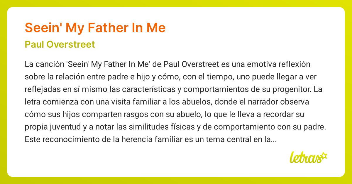 Significado de la canción SEEIN' MY FATHER IN ME (Paul Overstreet ...