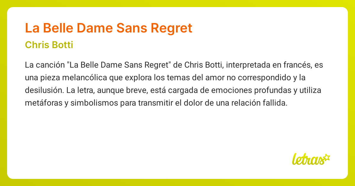 Significado de la canción LA BELLE DAME SANS REGRET (Chris Botti) - LETRAS.COM