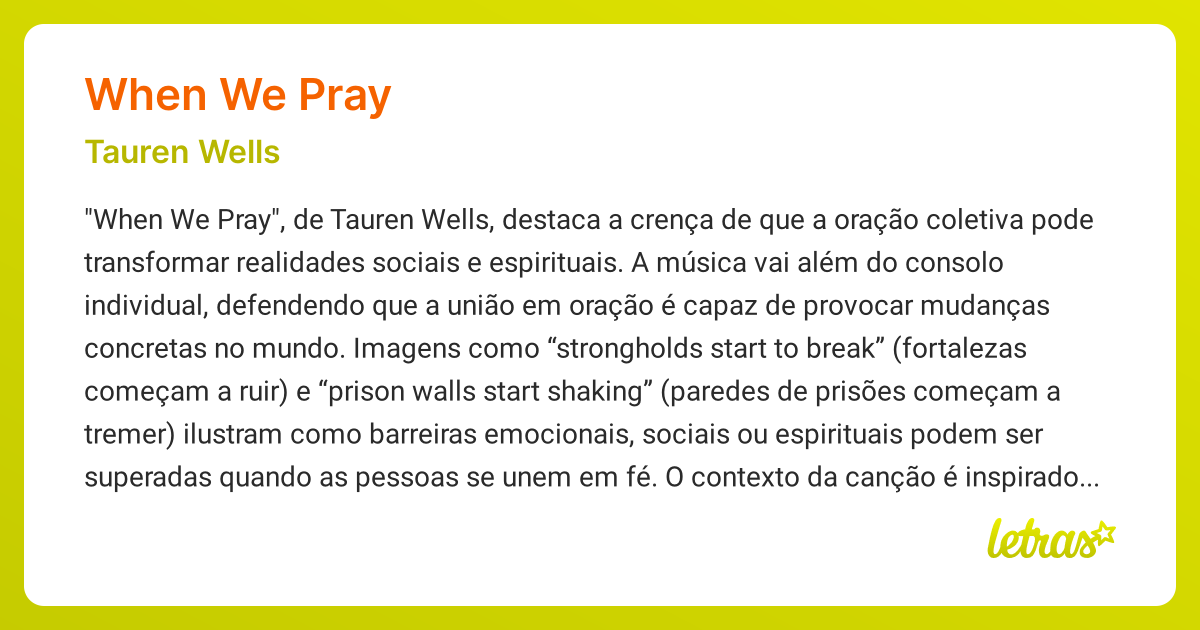 Significado da música WHEN WE PRAY (Tauren Wells) - LETRAS.MUS.BR