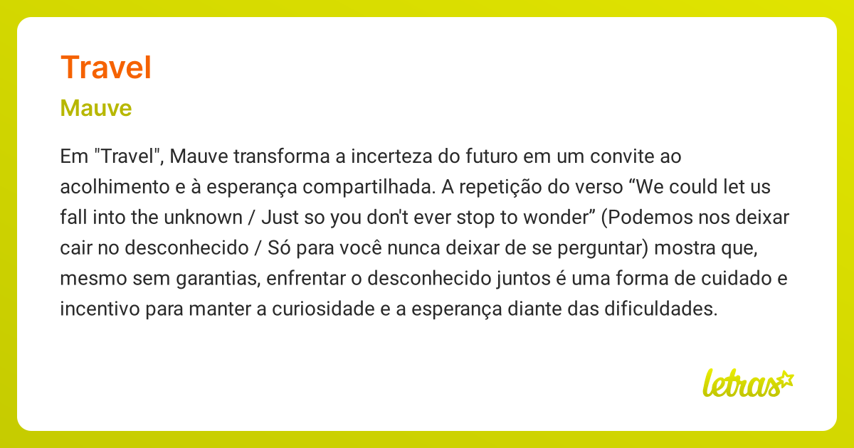 Significado da música TRAVEL (Mauve) - LETRAS.MUS.BR