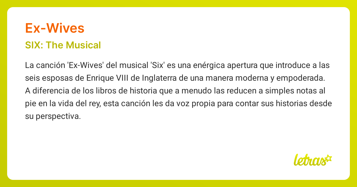 Significado de la canción EX-WIVES (SIX: The Musical) - LETRAS.COM