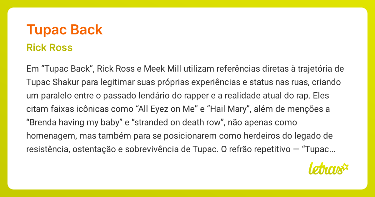 Significado da música TUPAC BACK (Rick Ross) - LETRAS.MUS.BR