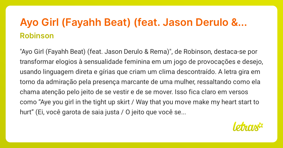 Significado da música Ayo Girl (Fayahh Beat) (feat. Jason Derulo & Rema ...