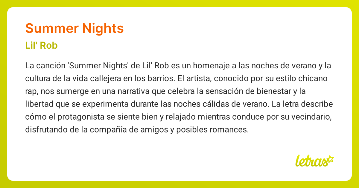 Significado de la canción SUMMER NIGHTS (Lil' Rob) - LETRAS.COM