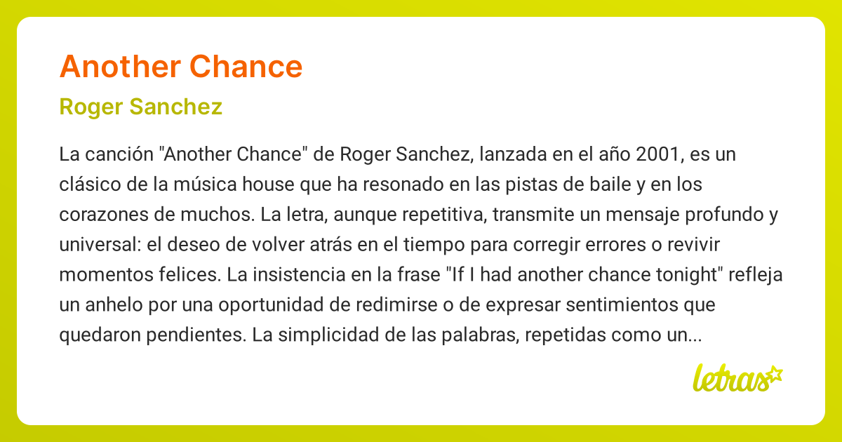 Significado de la canción ANOTHER CHANCE (Roger Sanchez) - LETRAS.COM