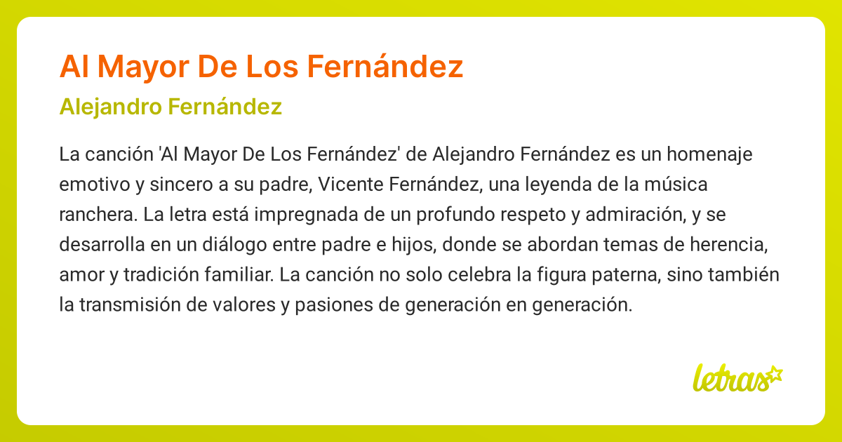 Significado de la canción AL MAYOR DE LOS FERNÁNDEZ (Alejandro ...