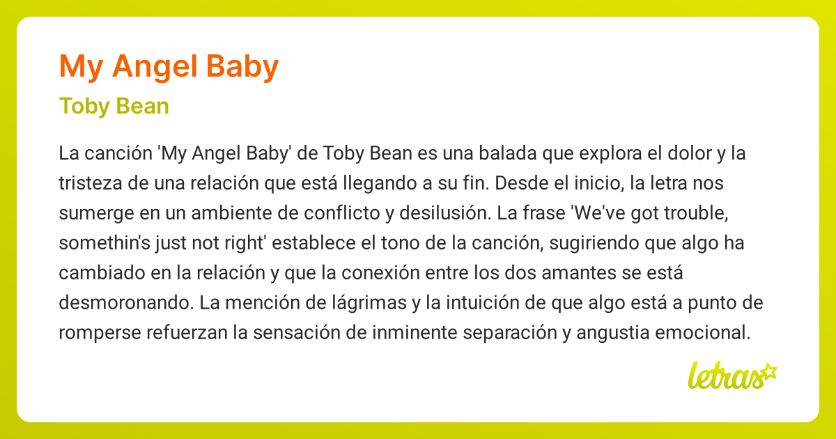 Significado de la canción MY ANGEL BABY (Toby Bean) - LETRAS.COM