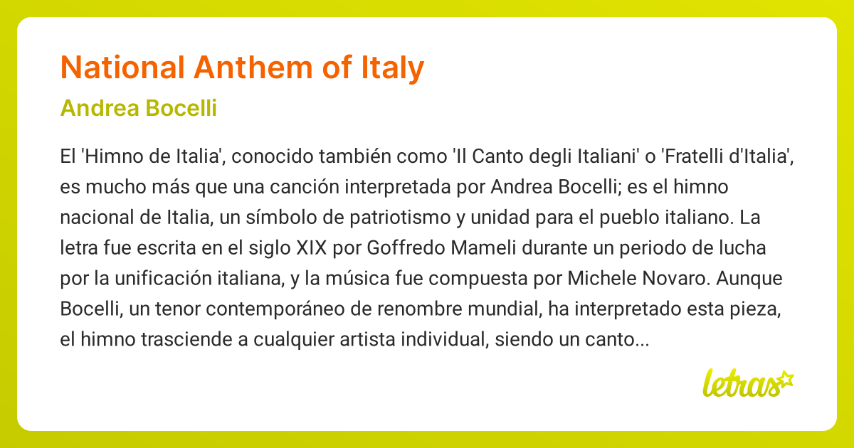 Significado de la canción NATIONAL ANTHEM OF ITALY (Andrea Bocelli ...
