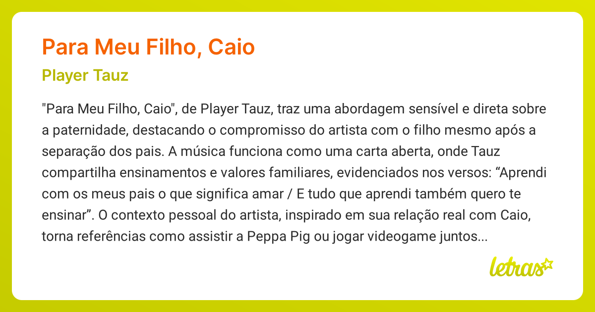 Significado da música PARA MEU FILHO, CAIO (Player Tauz) - LETRAS.MUS.BR