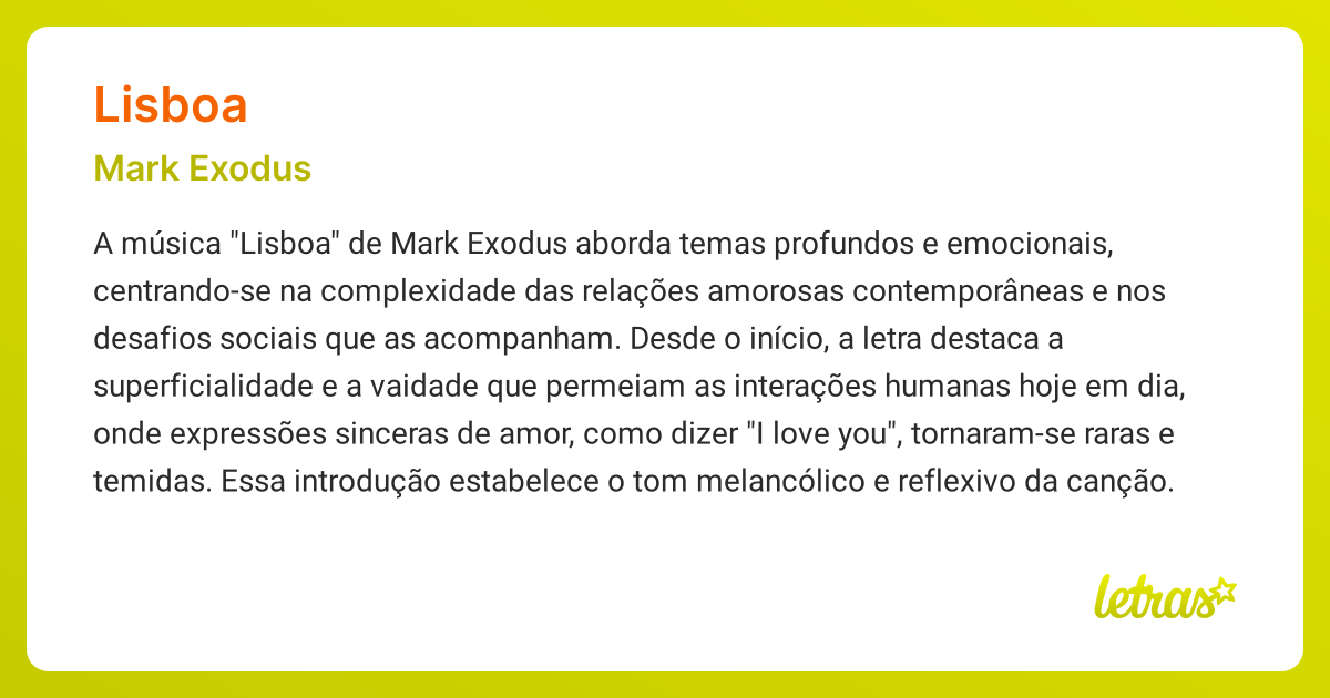 Significado da música LISBOA (Mark Exodus) - LETRAS.MUS.BR