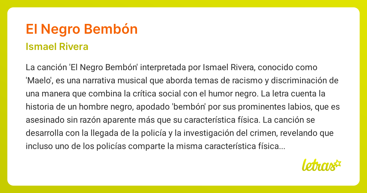 Significado de la canción EL NEGRO BEMBÓN (Ismael Rivera) - LETRAS.COM