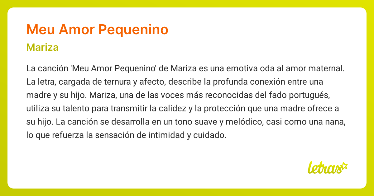 Significado de la canción MEU AMOR PEQUENINO (Mariza) - LETRAS.COM