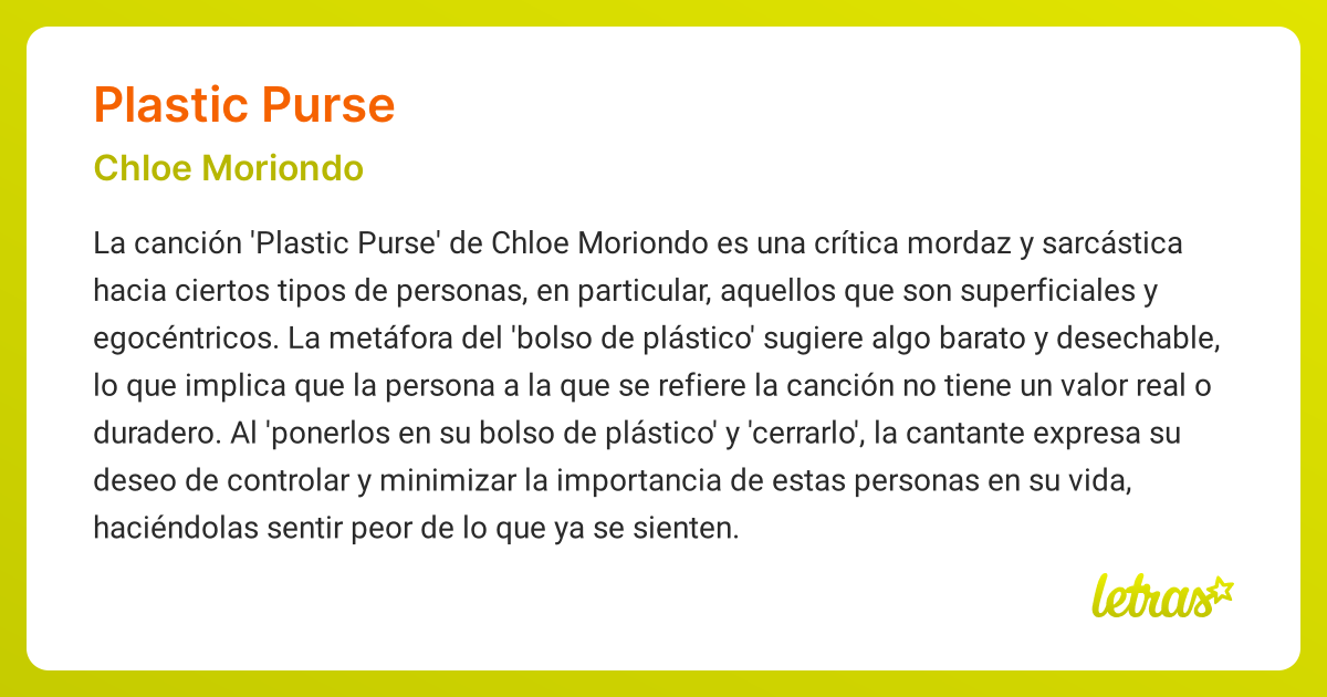 Significado de la canción PLASTIC PURSE (Chloe Moriondo) - LETRAS.COM