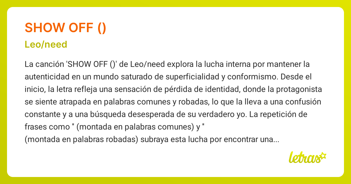Significado de la canción SHOW OFF (てらてら) (Leo/need) - LETRAS.COM