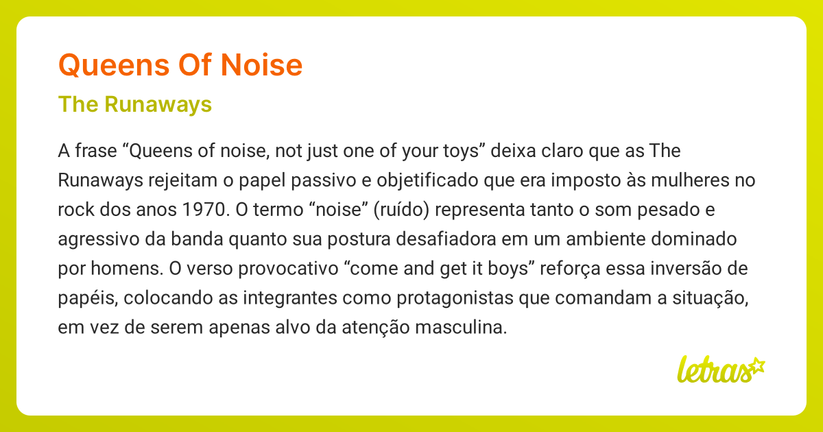 Significado da música QUEENS OF NOISE (The Runaways) - LETRAS.MUS.BR