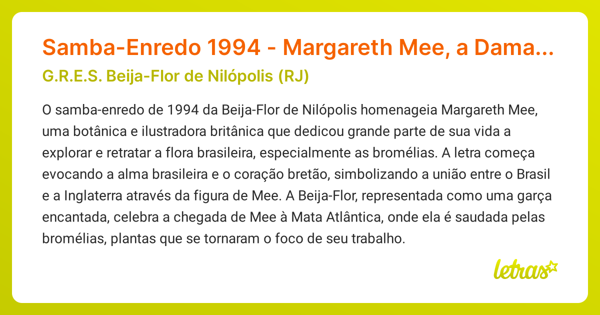 Significado da música Samba-Enredo 1994 - Margareth Mee, a Dama Das ...