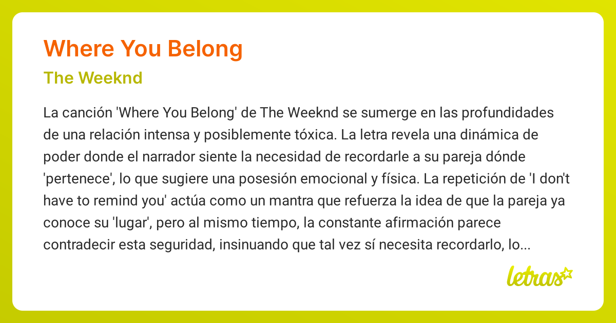 Significado de la canción WHERE YOU BELONG (The Weeknd) - LETRAS.COM