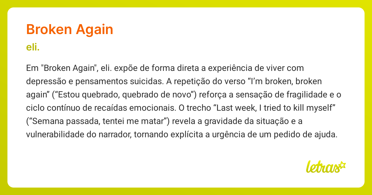 Significado da música BROKEN AGAIN (eli.) - LETRAS.MUS.BR