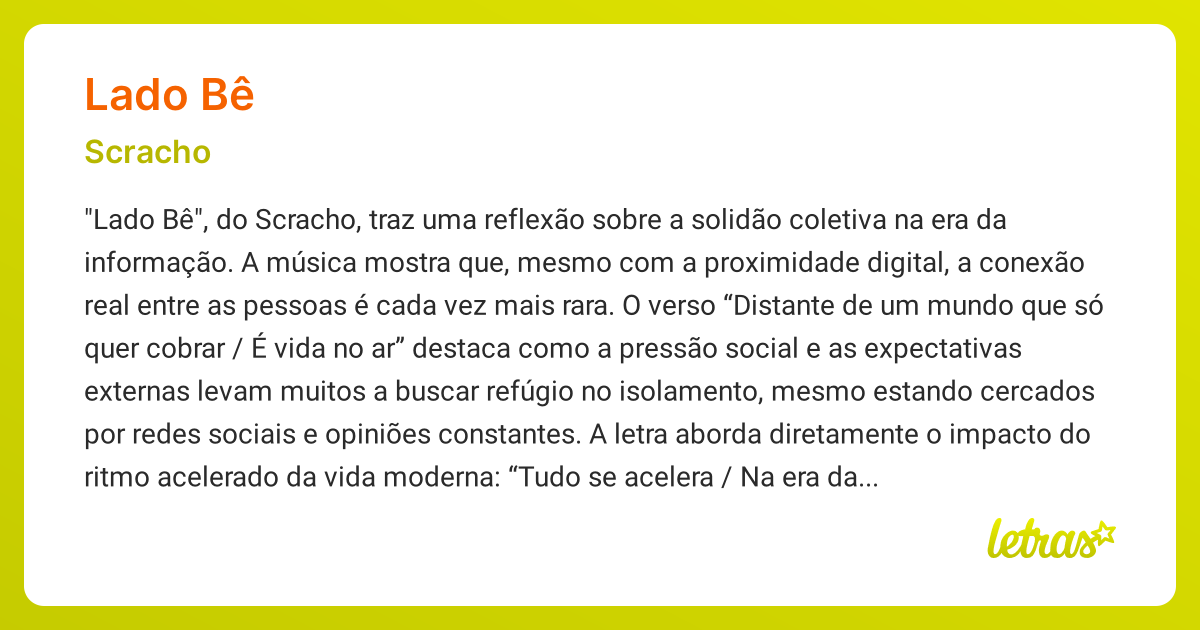 Significado da música LADO BÊ (Scracho) - LETRAS.MUS.BR