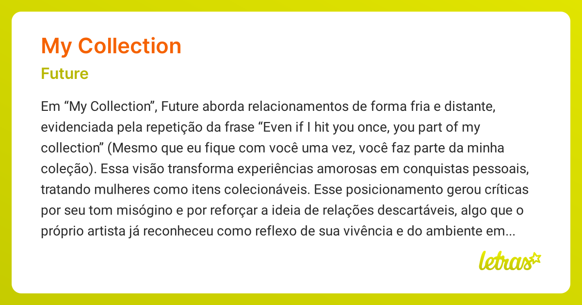 Significado da música MY COLLECTION (Future) - LETRAS.MUS.BR