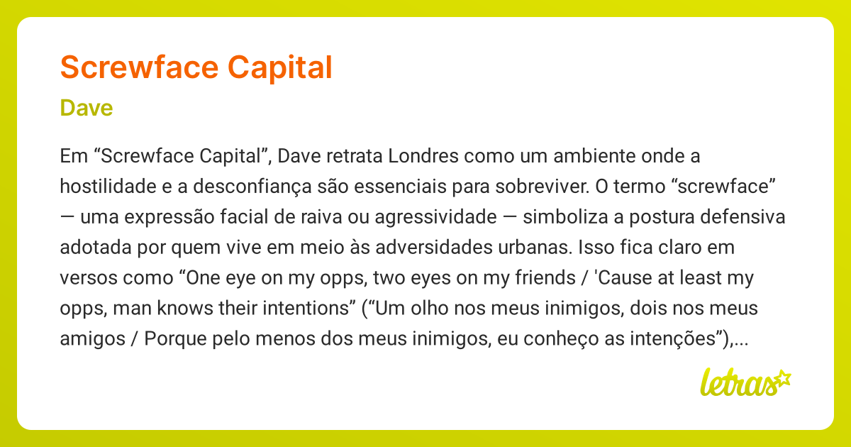 Significado da música SCREWFACE CAPITAL (Dave) - LETRAS.MUS.BR