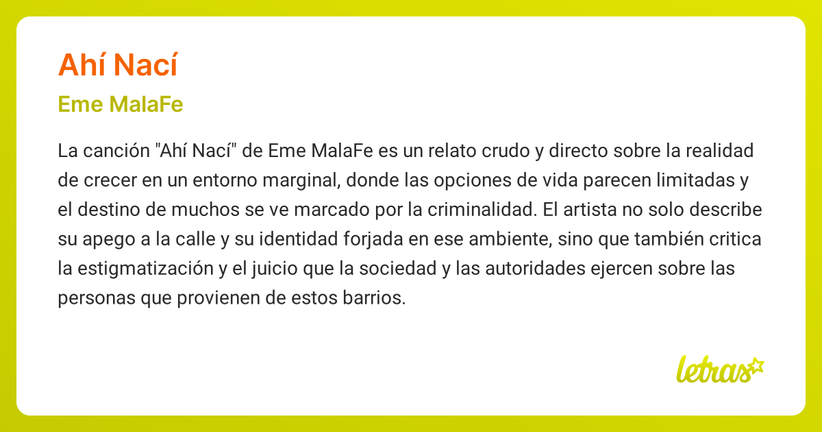 Significado de la canción AHÍ NACÍ (Eme MalaFe) - LETRAS.COM