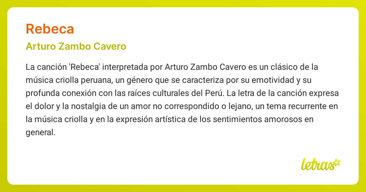 Significado de la canción REBECA (Arturo Zambo Cavero) - LETRAS.COM
