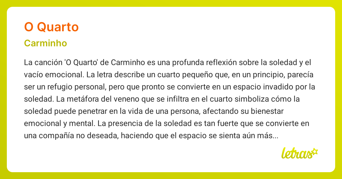 Significado de la canción O QUARTO (Carminho) - LETRAS.COM