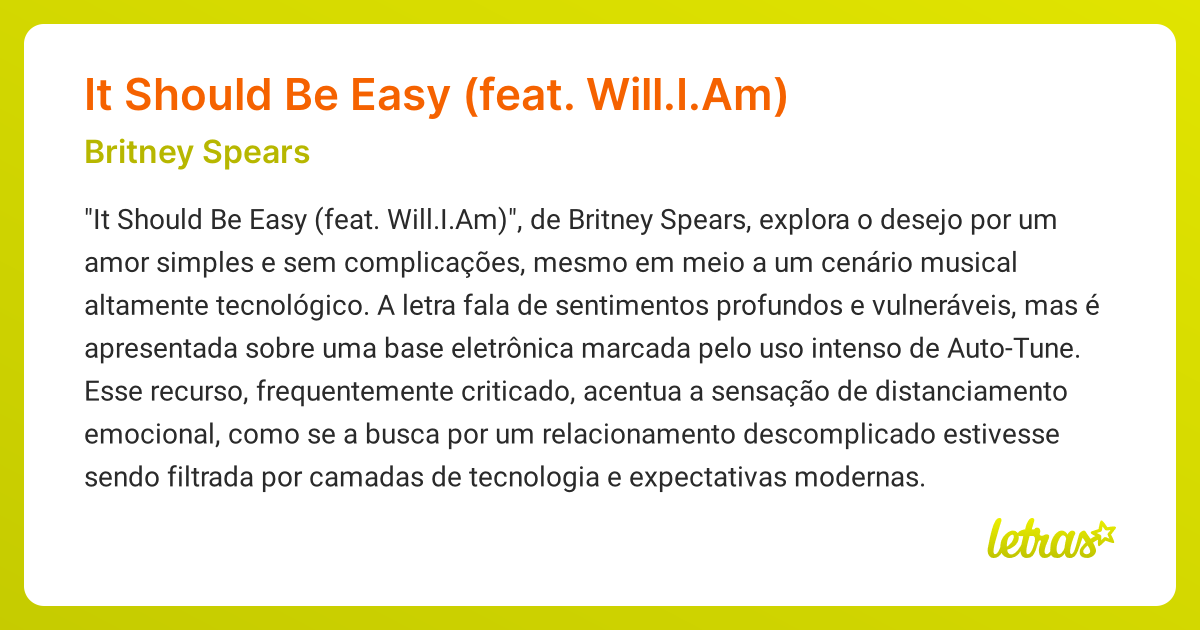 Significado da música It Should Be Easy (feat. Will.I.Am) (Britney ...