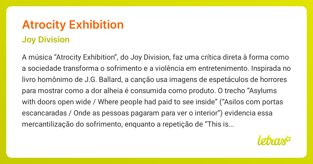 Significado da música ATROCITY EXHIBITION (Joy Division) - LETRAS.MUS.BR