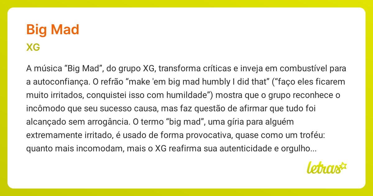 Significado da música BIG MAD (XG) - LETRAS.MUS.BR