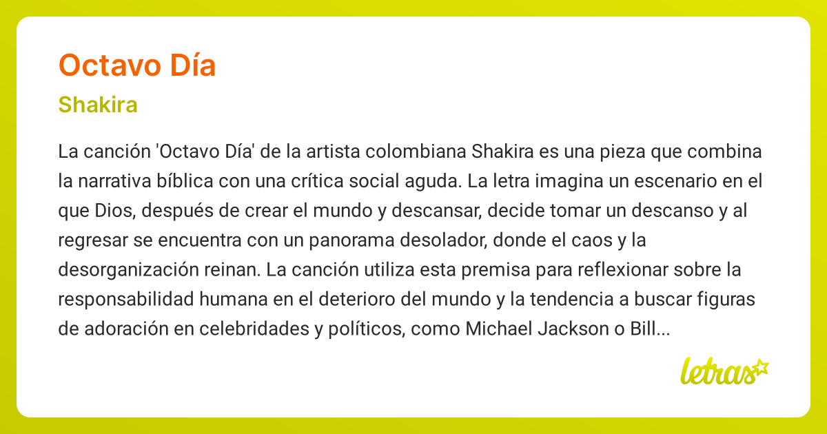 Significado de la canción OCTAVO DÍA (Shakira) - LETRAS.COM