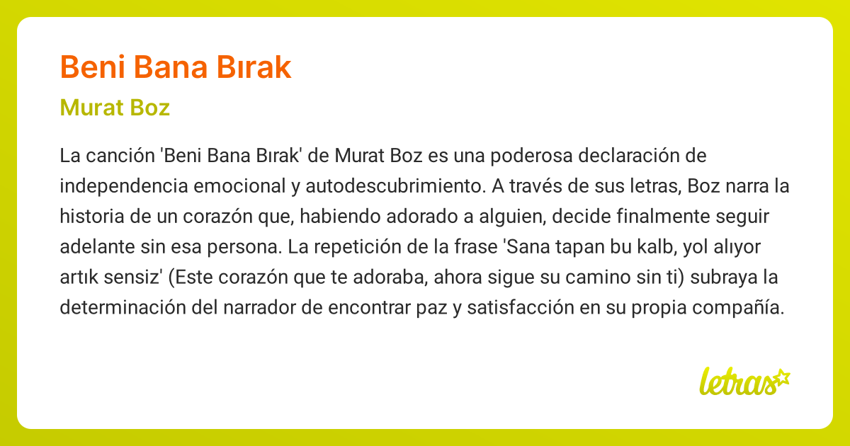 Significado de la canción BENI BANA BIRAK (Murat Boz) - LETRAS.COM