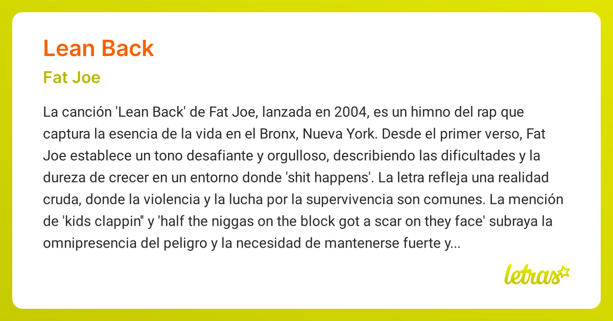 Significado de la canción LEAN BACK (Fat Joe) - LETRAS.COM