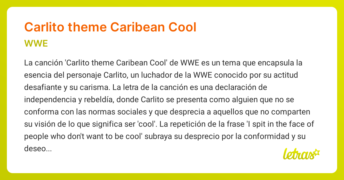 Significado de la canción CARLITO THEME CARIBEAN COOL (WWE) - LETRAS.COM