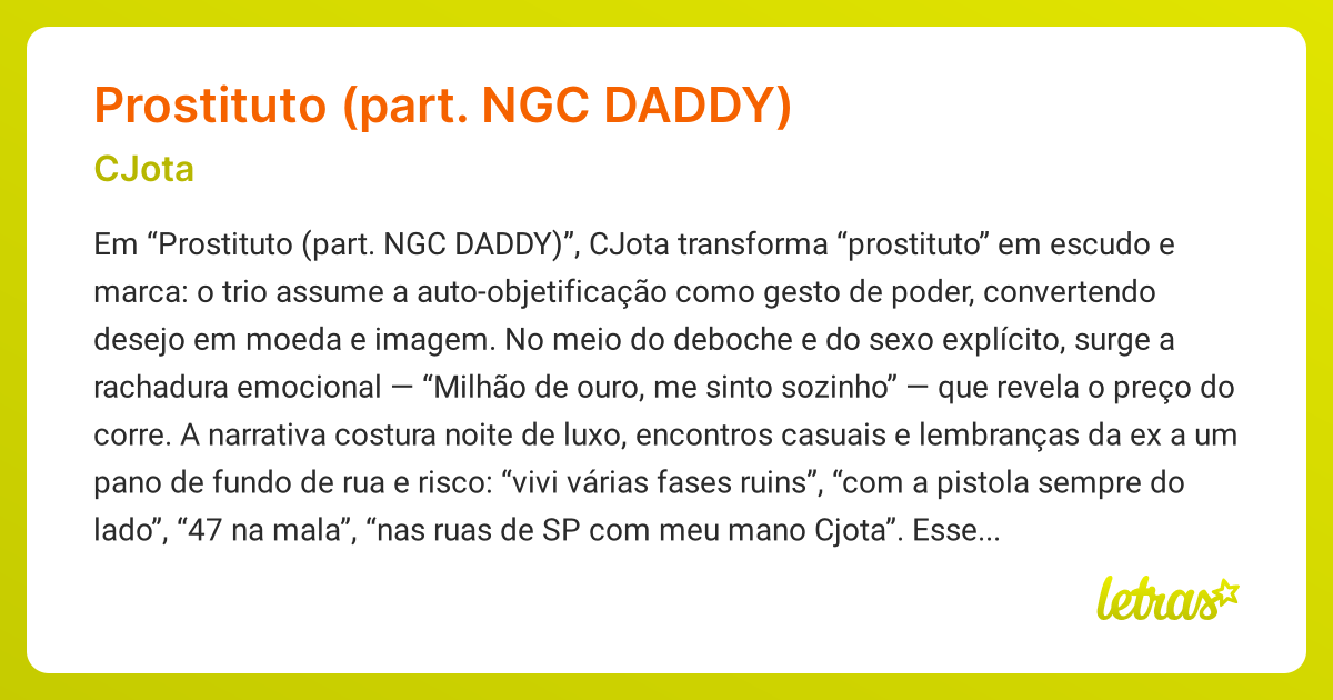 Significado da música PROSTITUTO (PART. NGC DADDY) (CJota) - LETRAS.MUS.BR