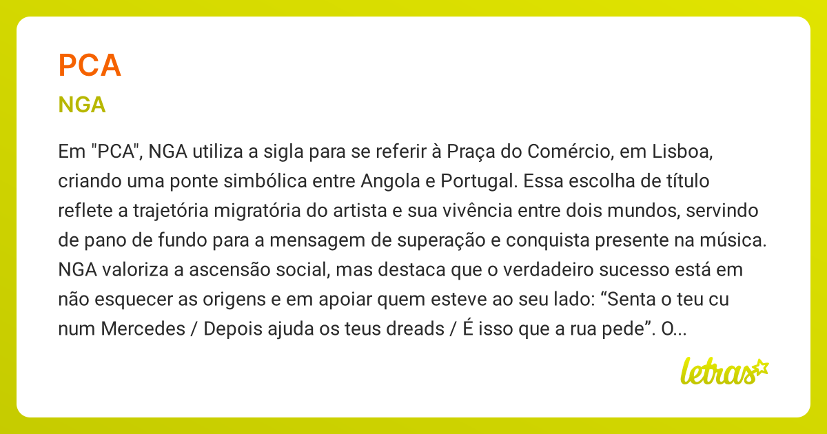 Significado da música PCA (NGA) - LETRAS.MUS.BR