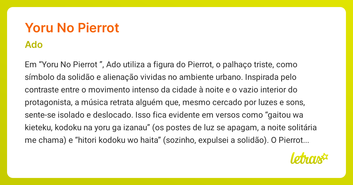 Significado da música Yoru No Pierrot 夜のピエロ (Ado) - LETRAS.MUS.BR