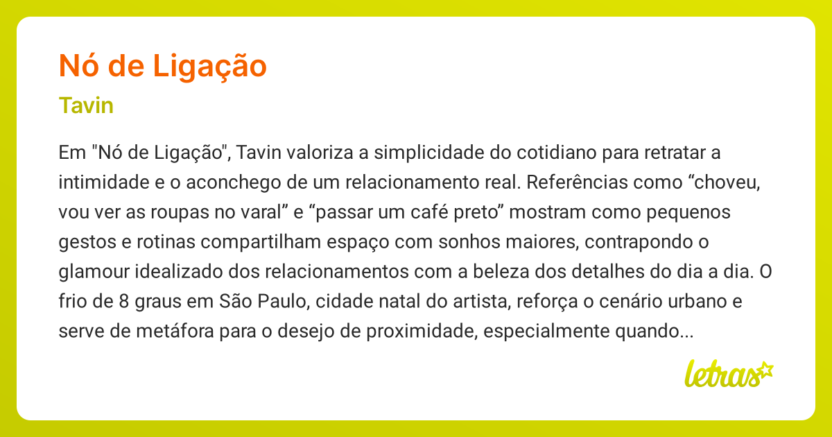 Significado da música NÓ DE LIGAÇÃO (Tavin) - LETRAS.MUS.BR