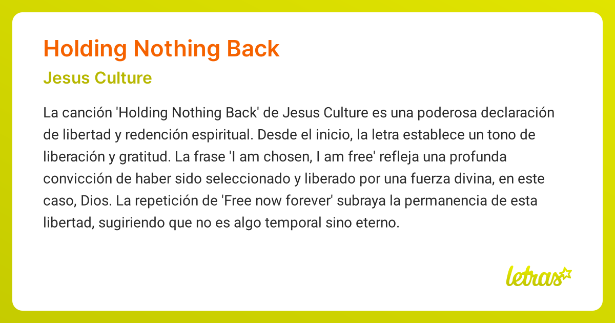 Significado de la canción HOLDING NOTHING BACK (Jesus Culture) - LETRAS.COM