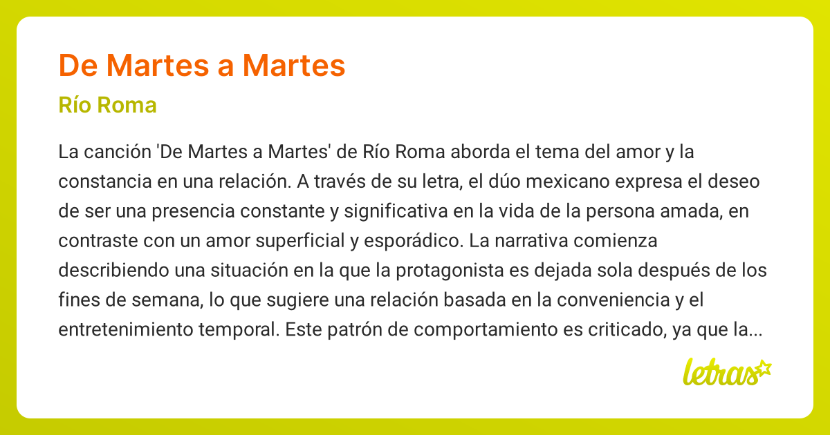 Significado de la canción DE MARTES A MARTES (Río Roma) - LETRAS.COM