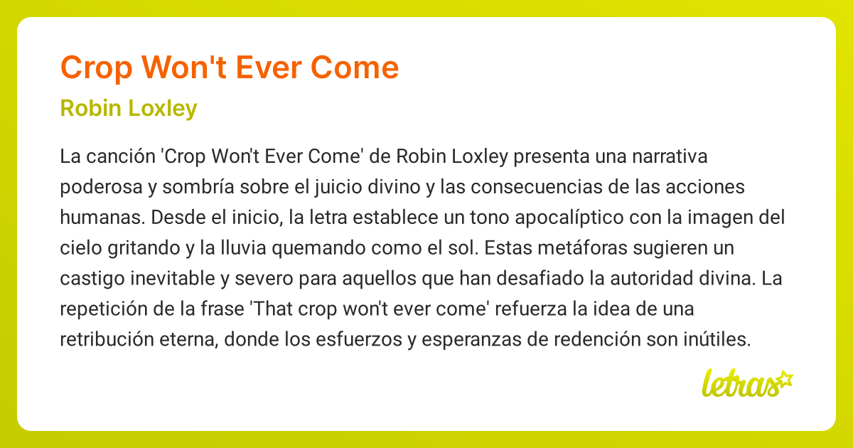 Significado de la canción CROP WON'T EVER COME (Robin Loxley) - LETRAS.COM