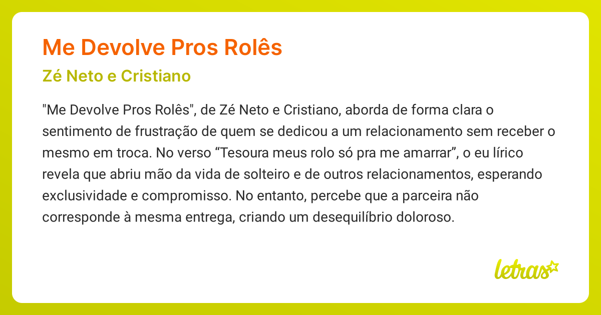 Significado da música ME DEVOLVE PROS ROLÊS (Zé Neto e Cristiano ...