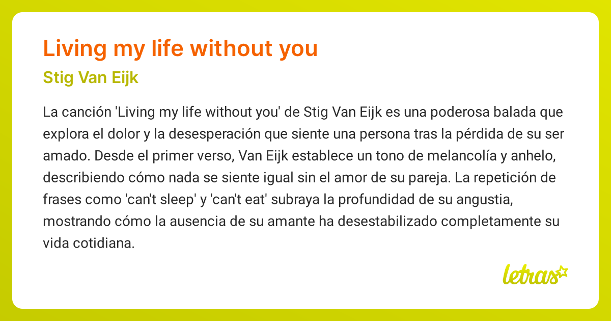 Significado de la canción LIVING MY LIFE WITHOUT YOU (Stig Van Eijk ...