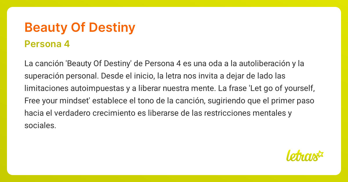 Significado de la canción BEAUTY OF DESTINY (Persona 4) - LETRAS.COM
